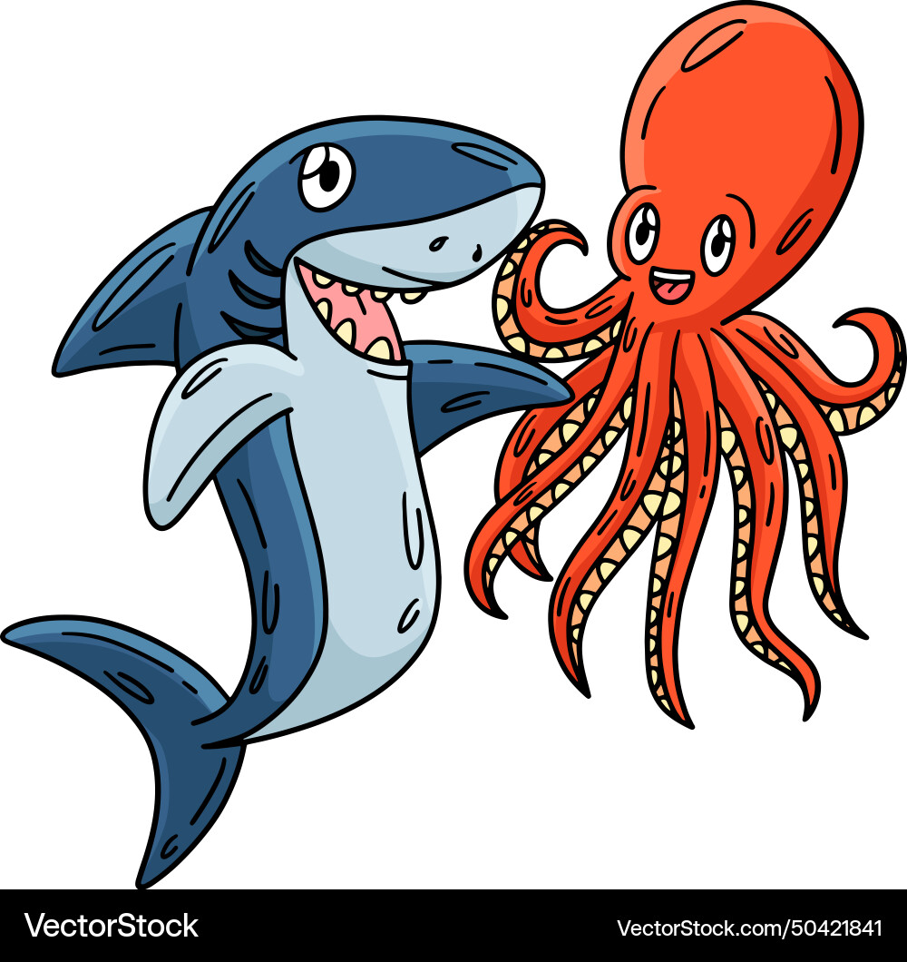 Shark and octopus cartoon colored clipart Vector Image