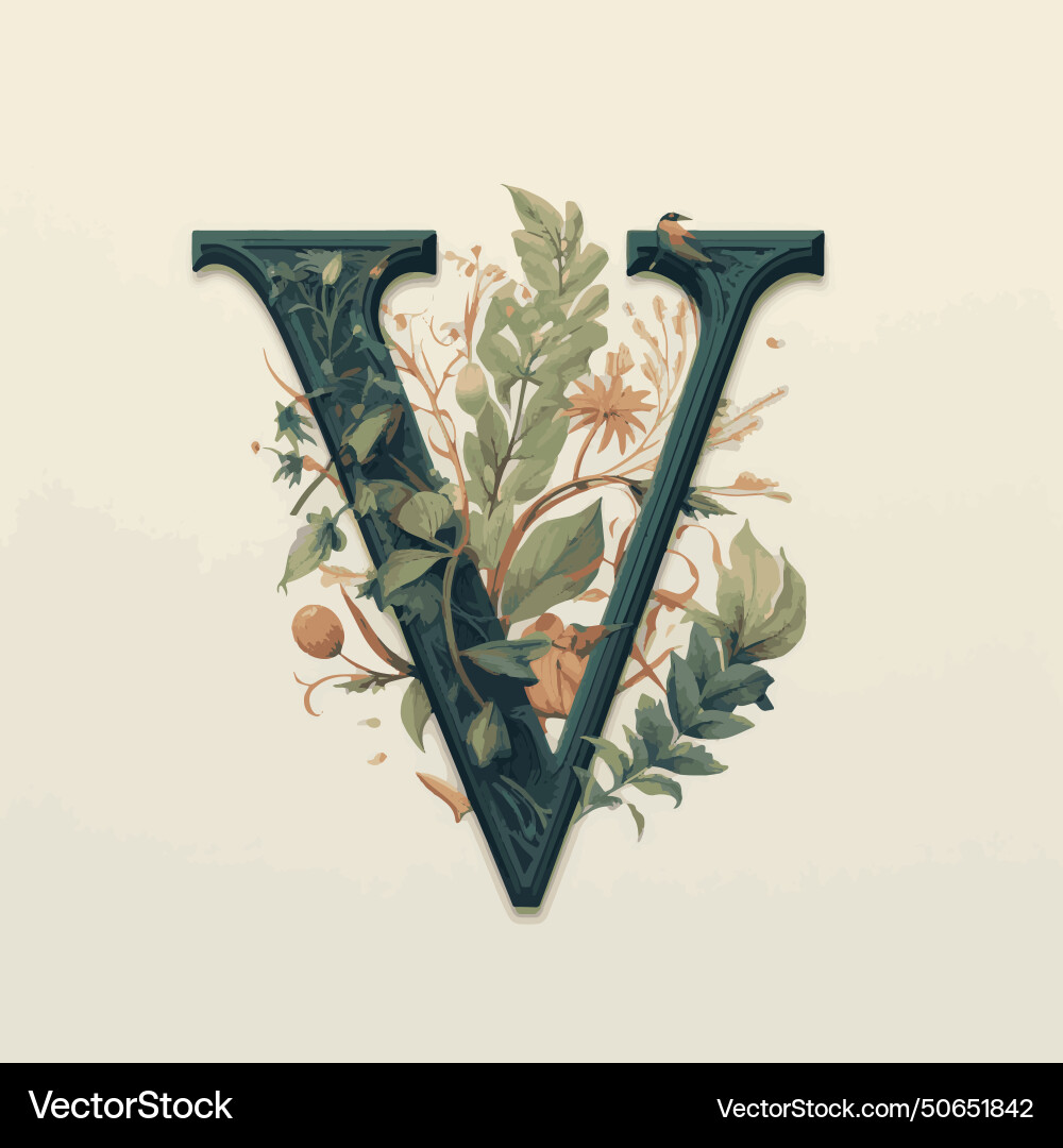 Botanical engraved letter v elegant Royalty Free Vector