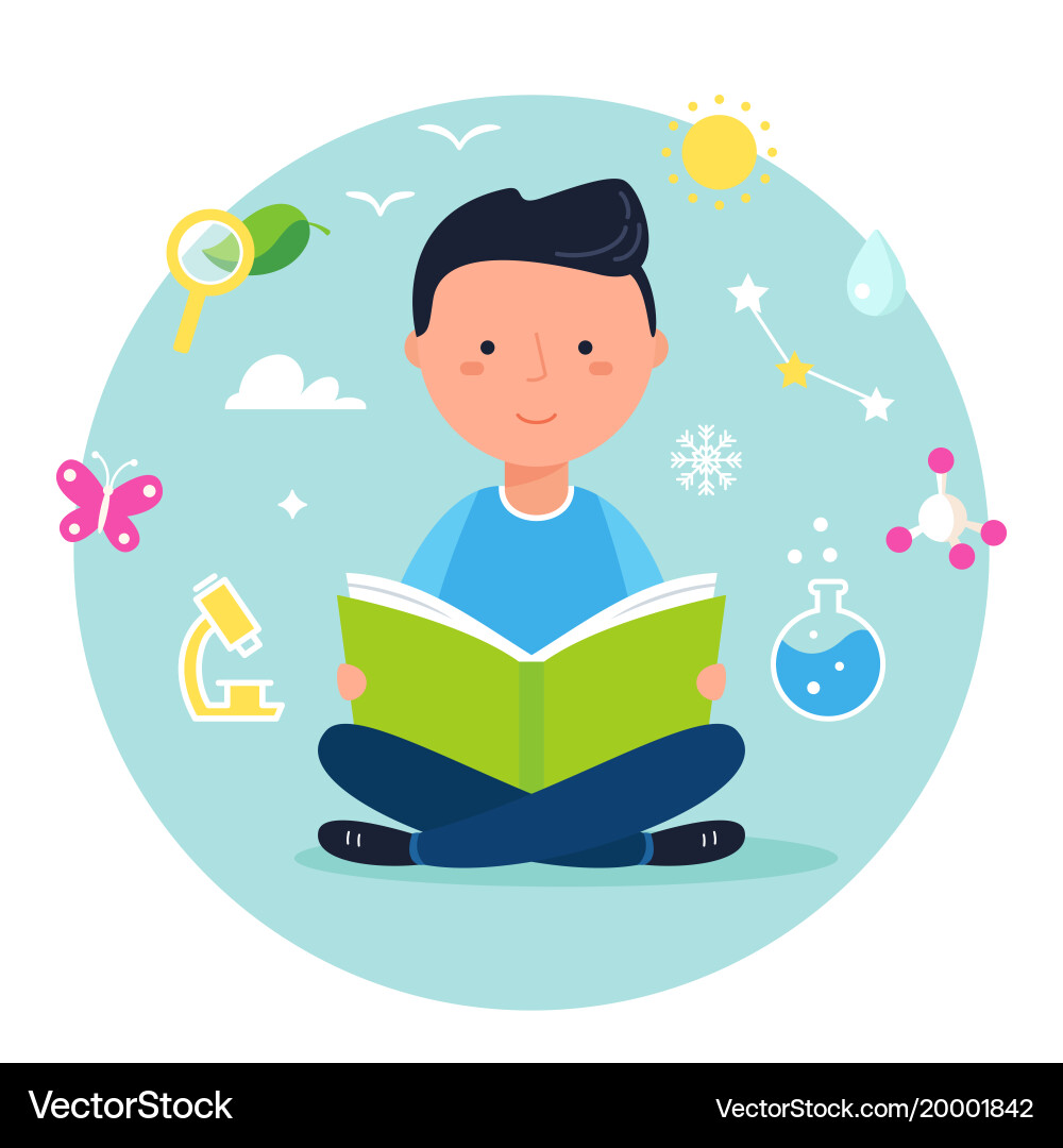Boy reading a book on science or nature study Vector Image