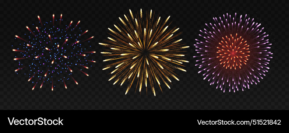 Festive fireworks in night sky realistic set Vector Image