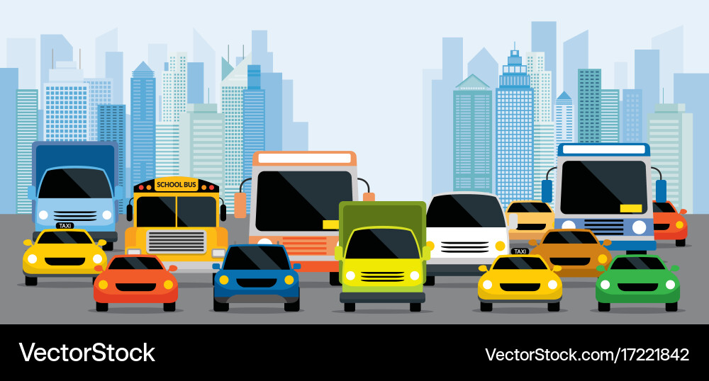 Vehicles on road with traffic jam Royalty Free Vector Image