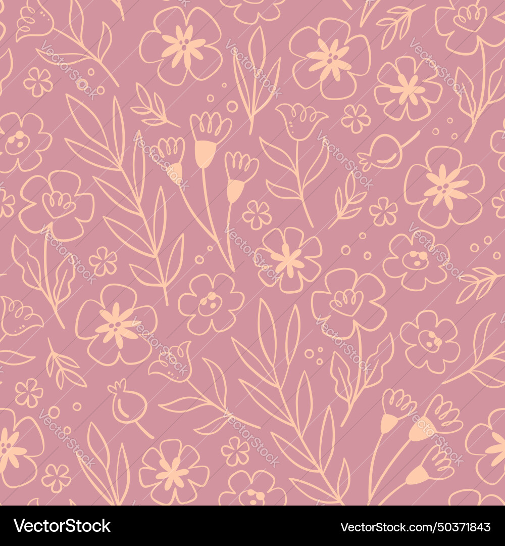 Floral Seamless Pattern - Pink & Line Art Vector Image