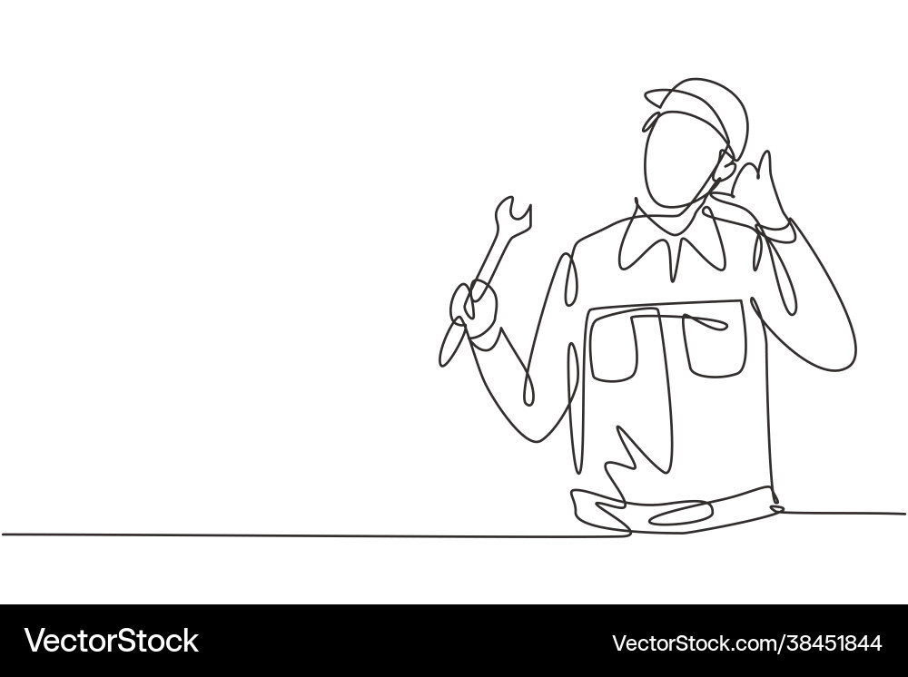 Continuous one line drawing mechanic with call me Vector Image