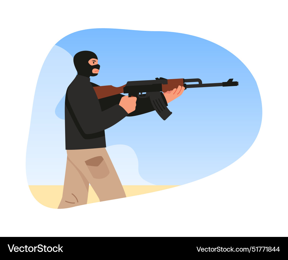 Terrorist in black mask with firearm Royalty Free Vector