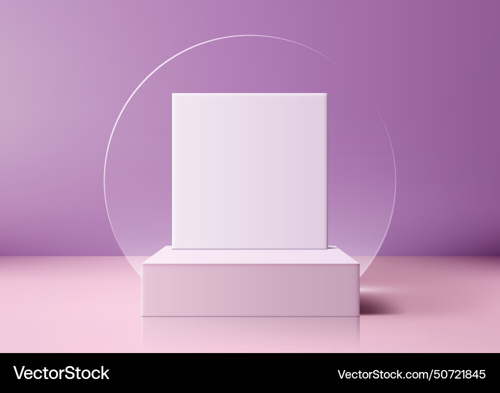 3d white podium box with circle glass backdrop Vector Image