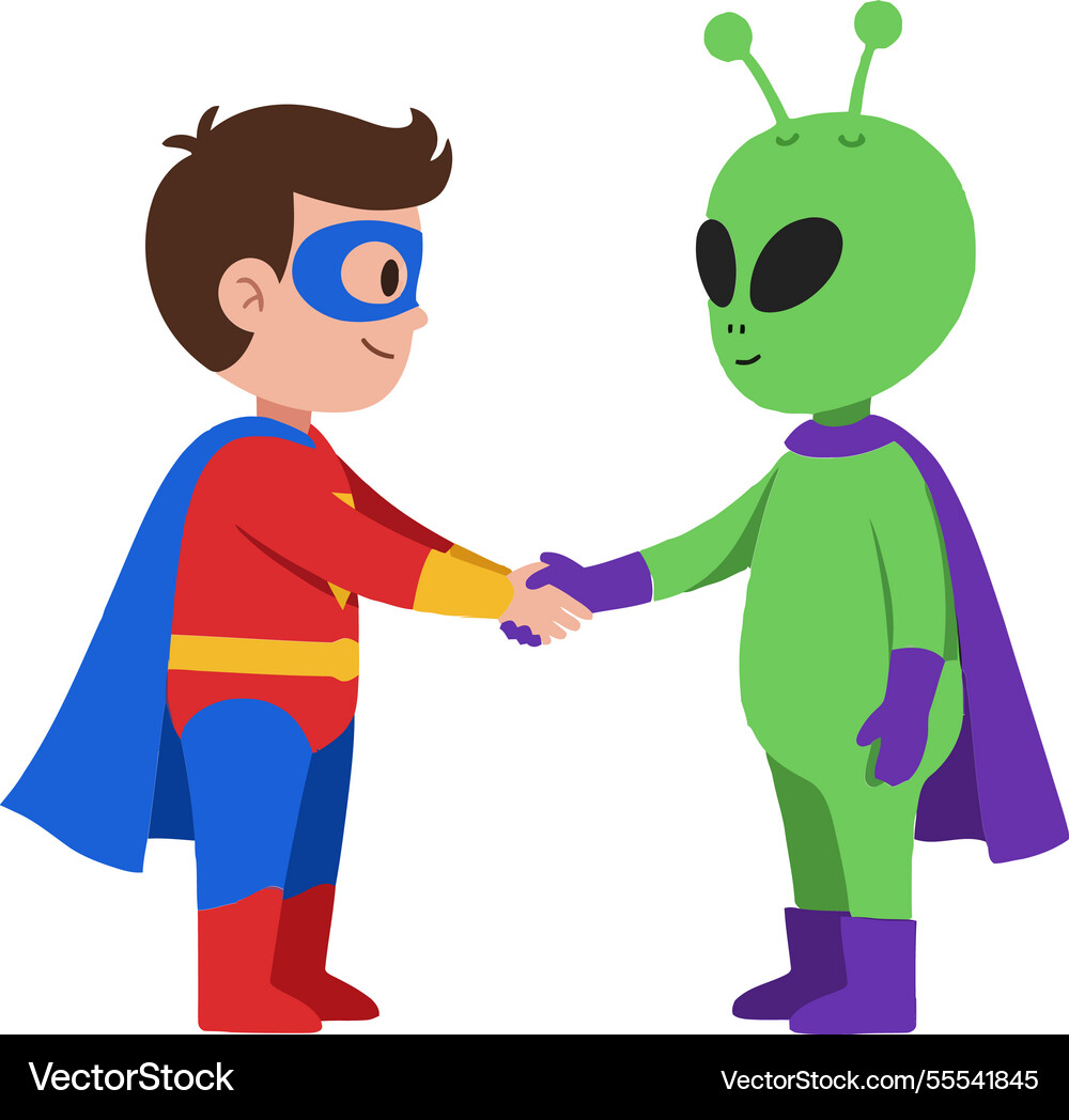 Friendly superhero shakes hands with alien Vector Image
