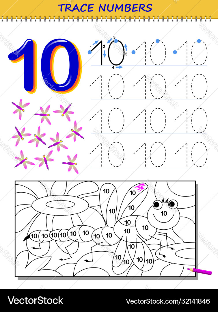 Educational page for kids with number 10 Vector Image