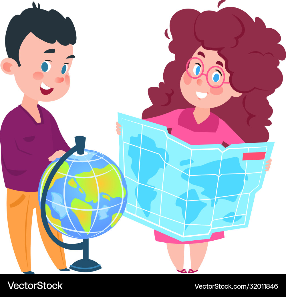 Geography lesson cute girl with map and boy Vector Image