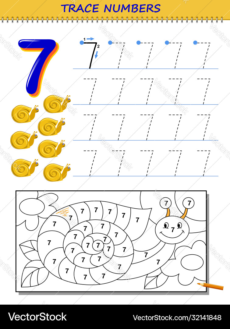 Educational page for kids with number 7 printable Vector Image