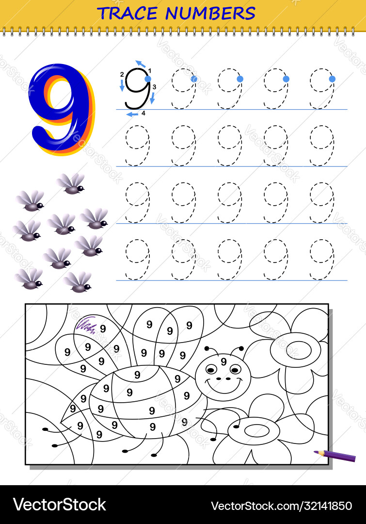 Educational page for kids with number 9 printable Vector Image