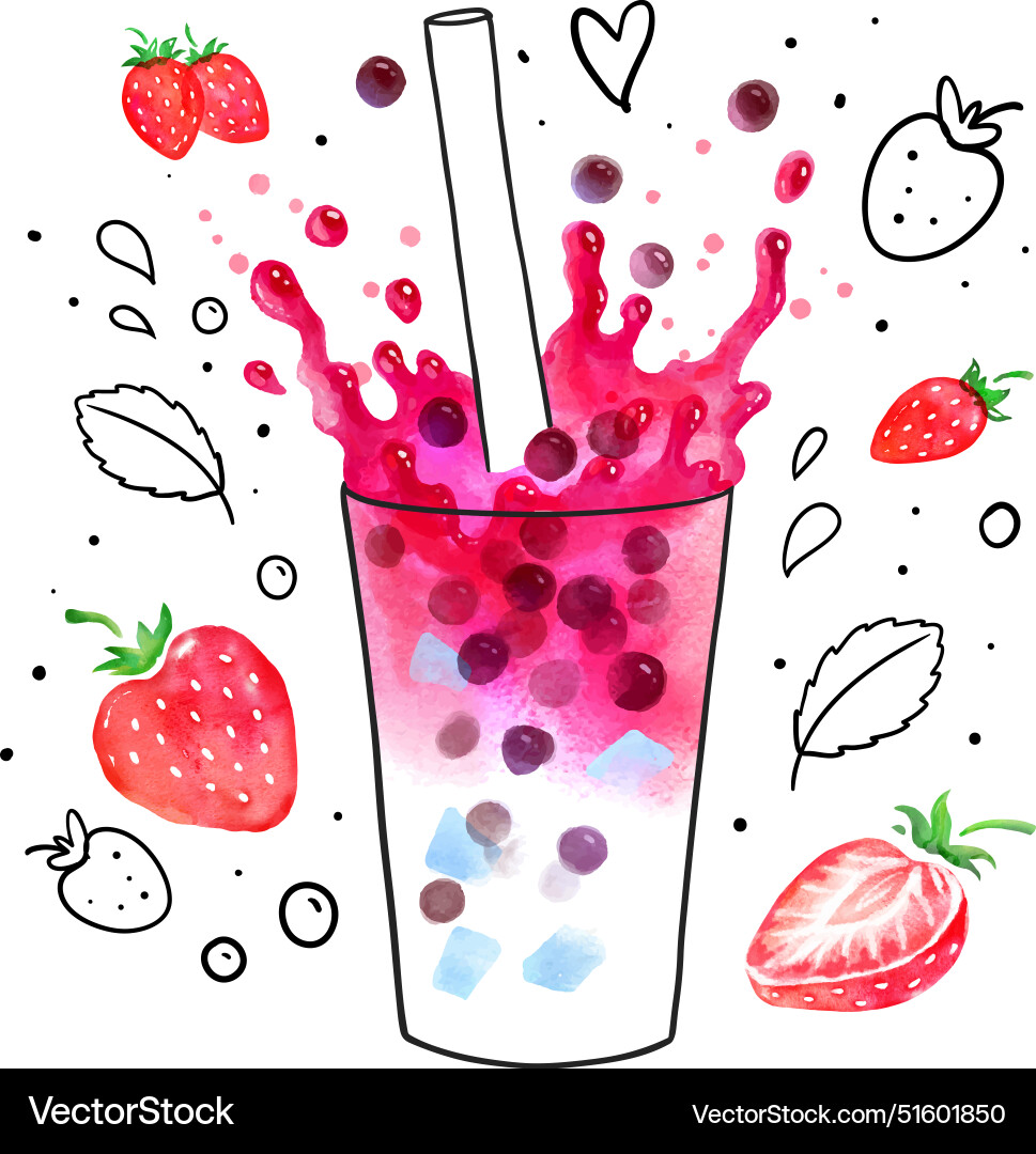 Strawberry bubble tea with berries and doodles Vector Image
