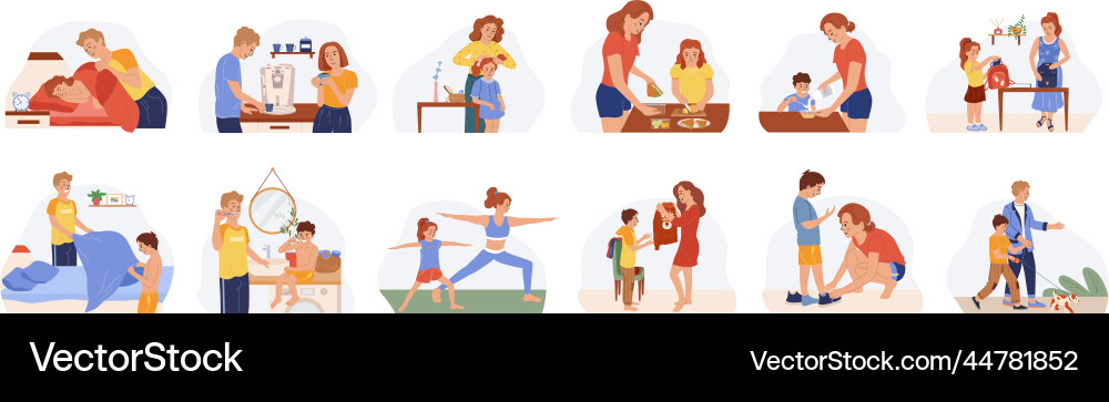 Family morning routine set Royalty Free Vector Image