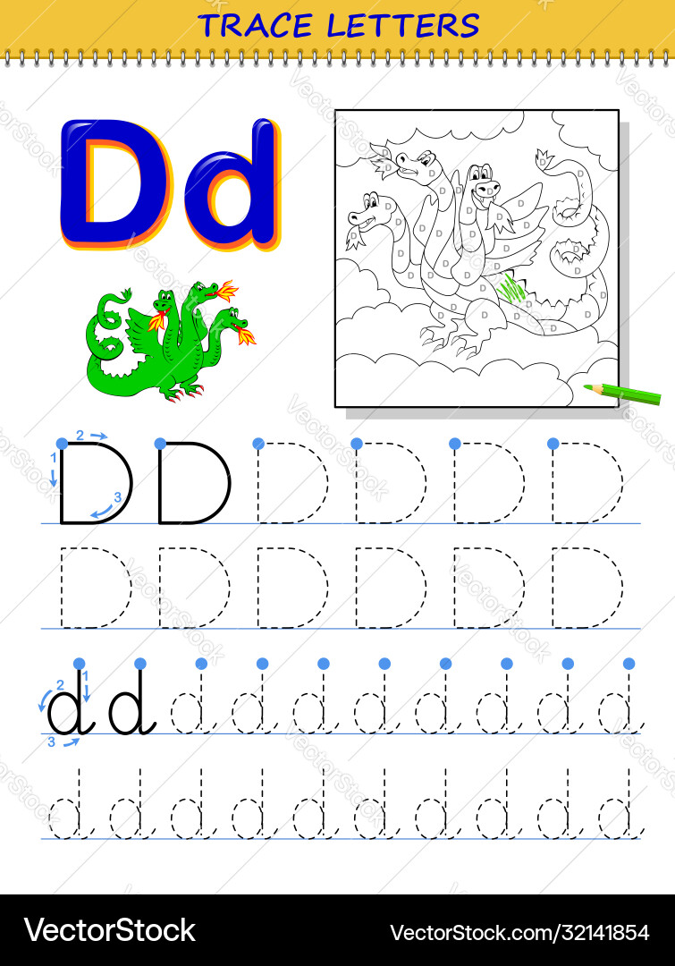 Tracing letter d for study alphabet printable Vector Image