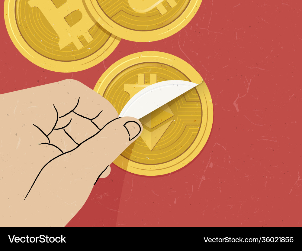 Hand peeling sticker on bitcoin coin Royalty Free Vector