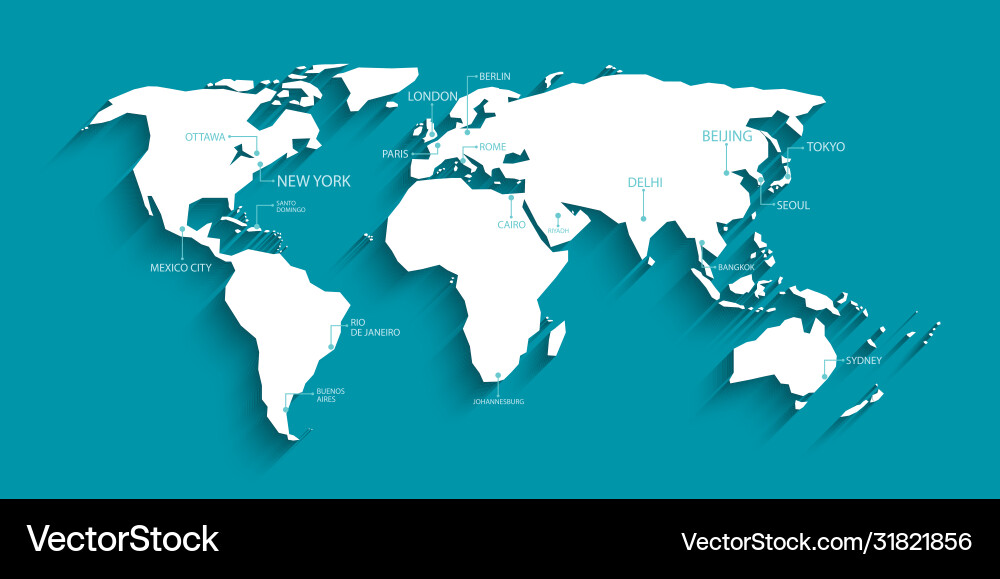 Modern world map with shadow and capital name Vector Image