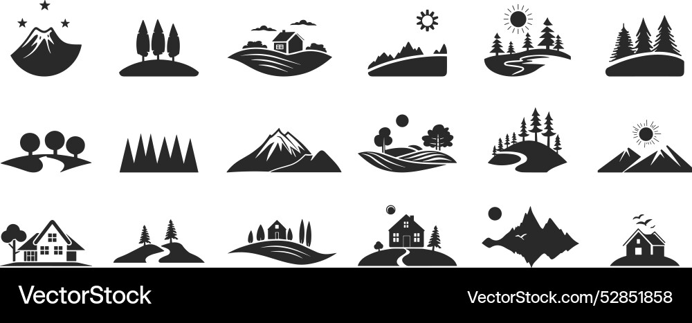 Landscape icon set mountains fields forest house Vector Image