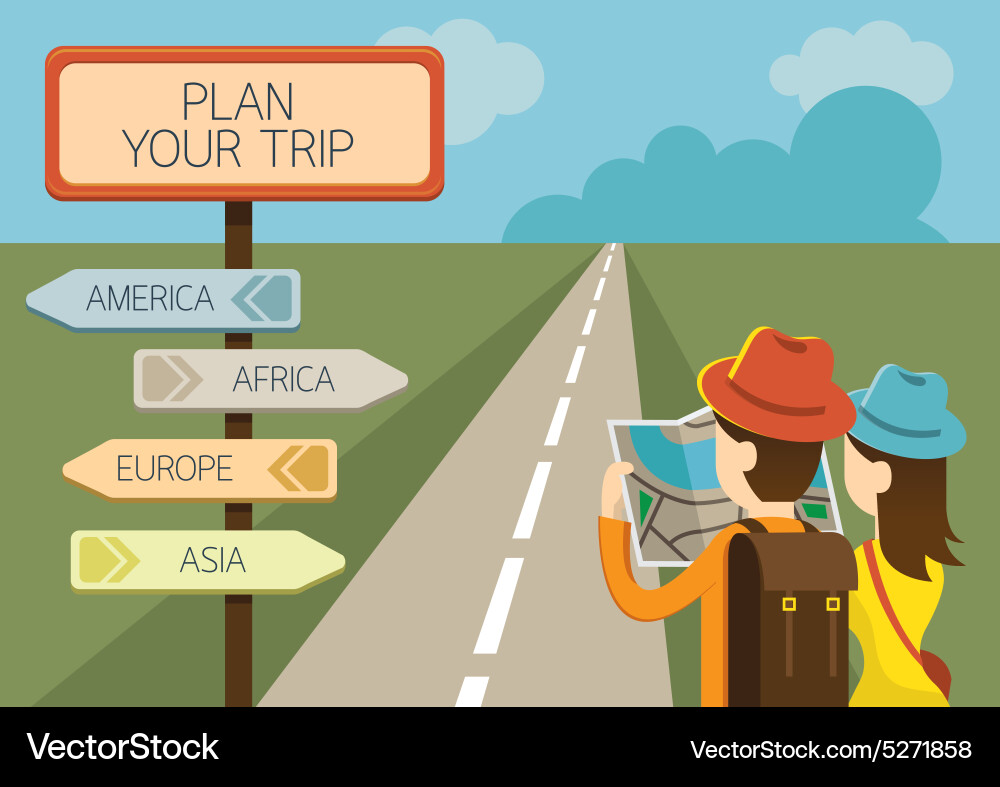 Tourist Reading Map with Direction Sign Royalty Free Vector