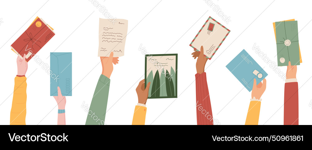 Cartoon hand holds mail letter and postcard set Vector Image