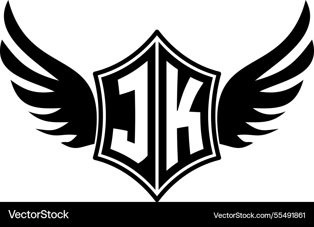 Jk Logo Emblem mit Flügel und Schildschablone Vektorbild