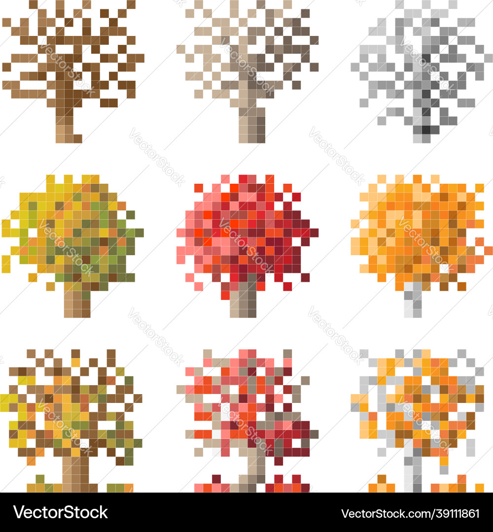 Set of pixel autumn treebirch oak apple-tree Vector Image