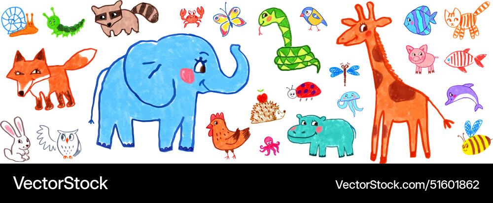 Cute animals child drawings and doodles Royalty Free Vector