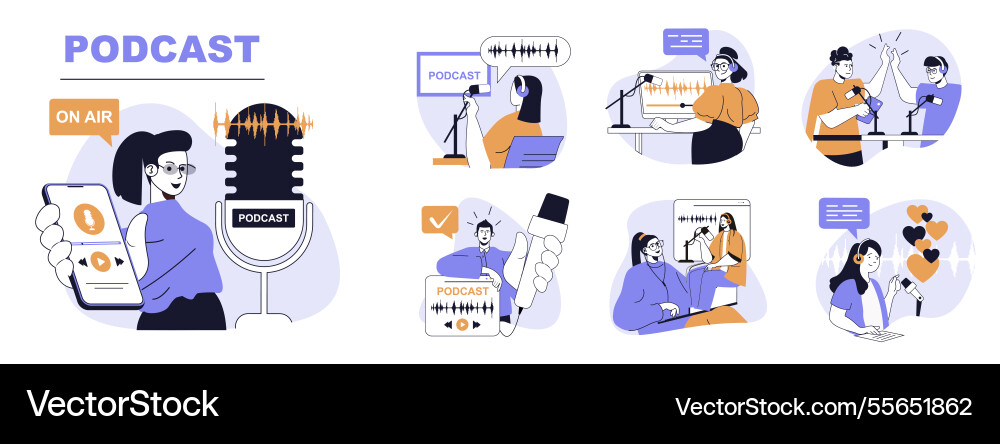 Podcast concept set in flat web design people Vector Image