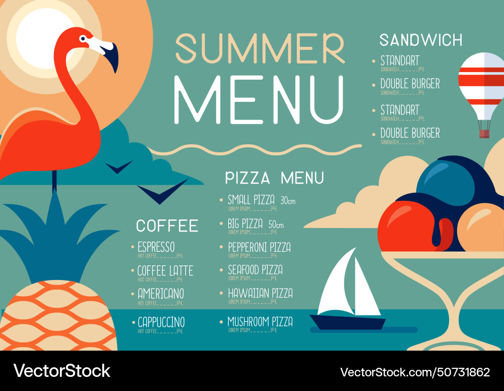 Retro summer restaurant menu design with flamingo Vector Image