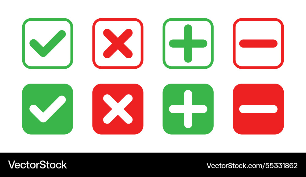Square check mark x plus sign and minus Royalty Free Vector