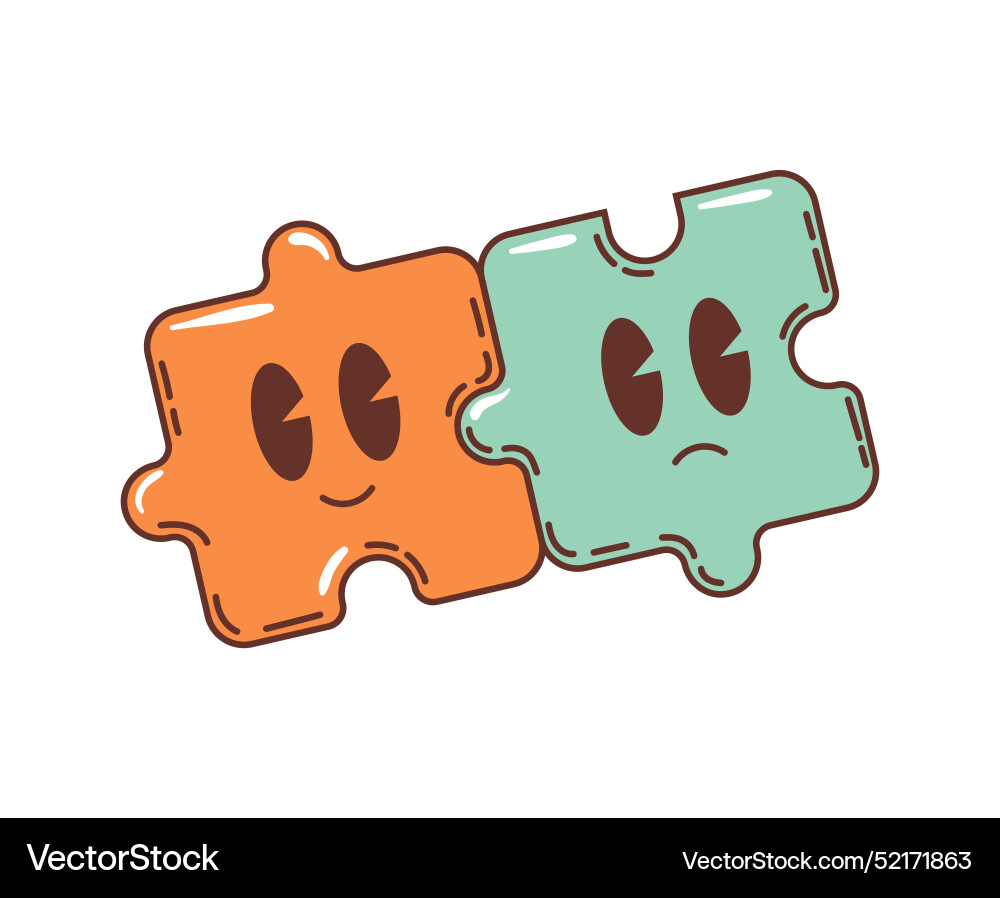 Two puzzle pieces retro cartoon groovy characters Vector Image