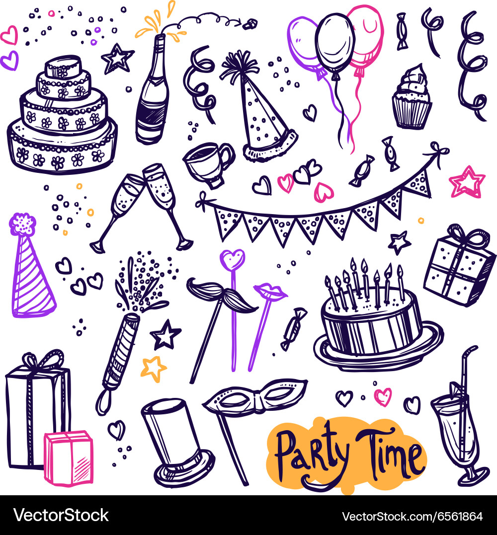 Birthday party doodle pictograms collection Vector Image
