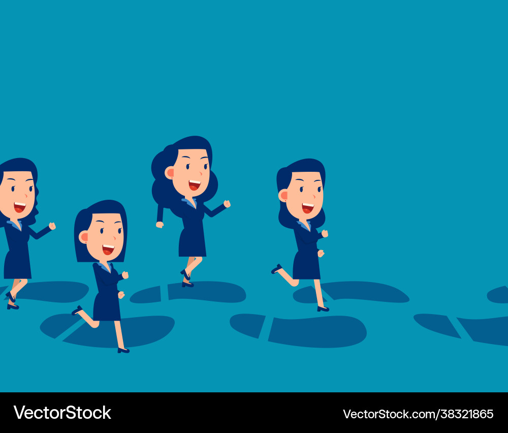 Business team running along huge footprints Vector Image