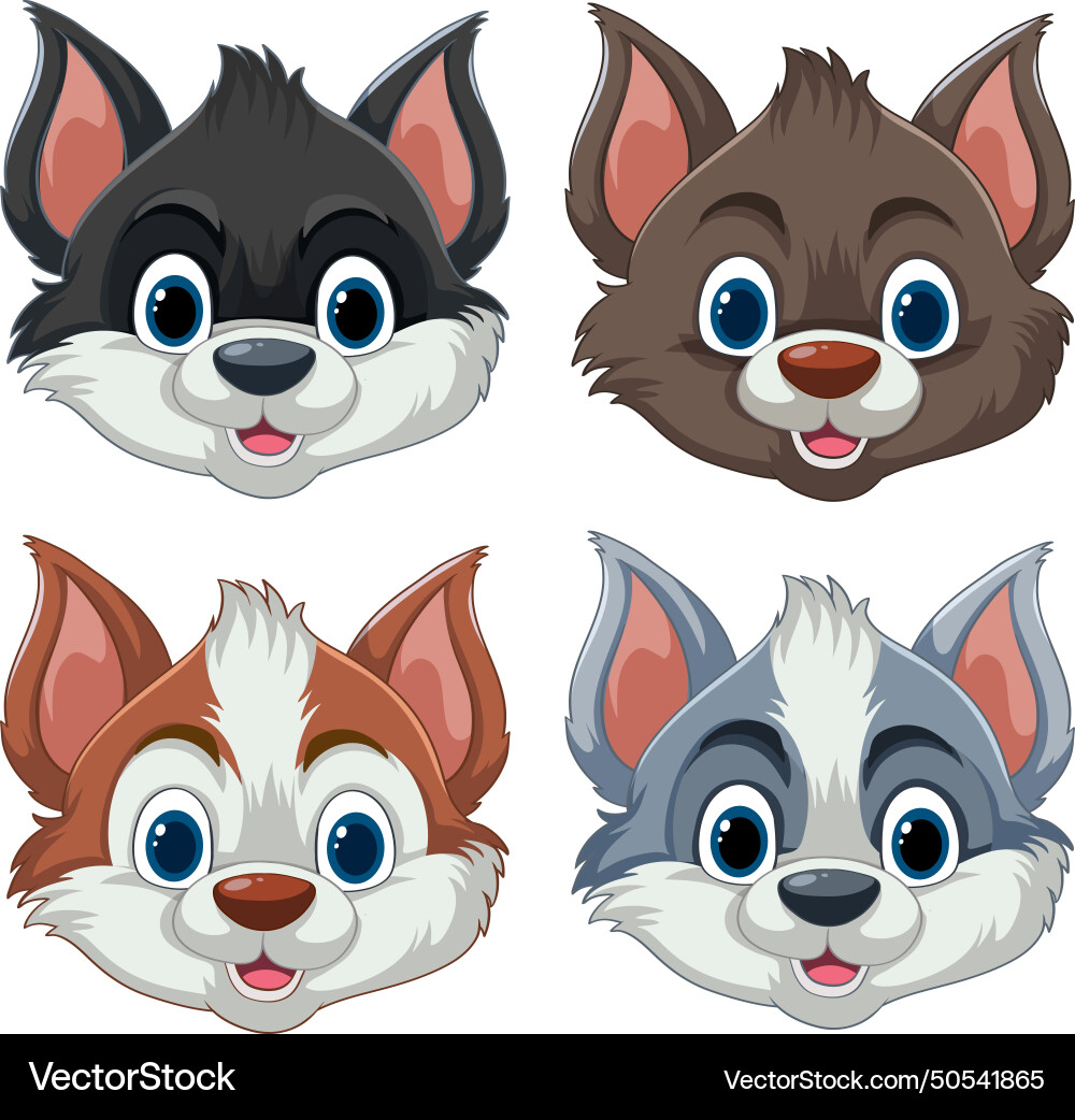 Four cute animated dog faces with different Vector Image