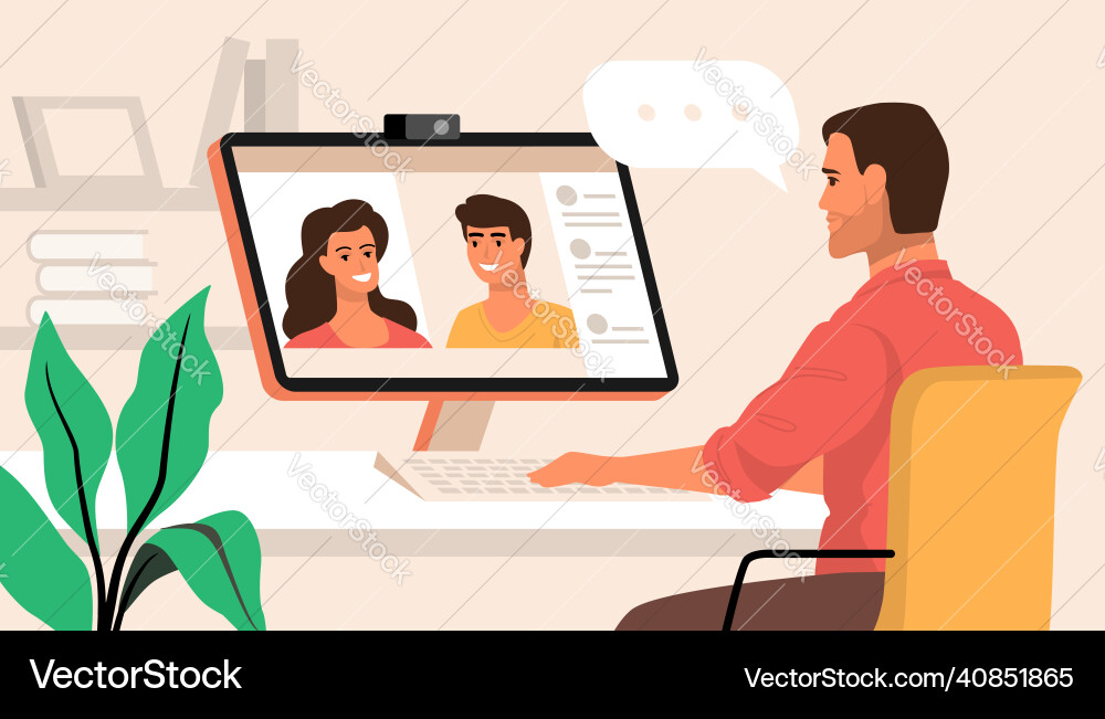 Man meeting with mix face during video call Vector Image