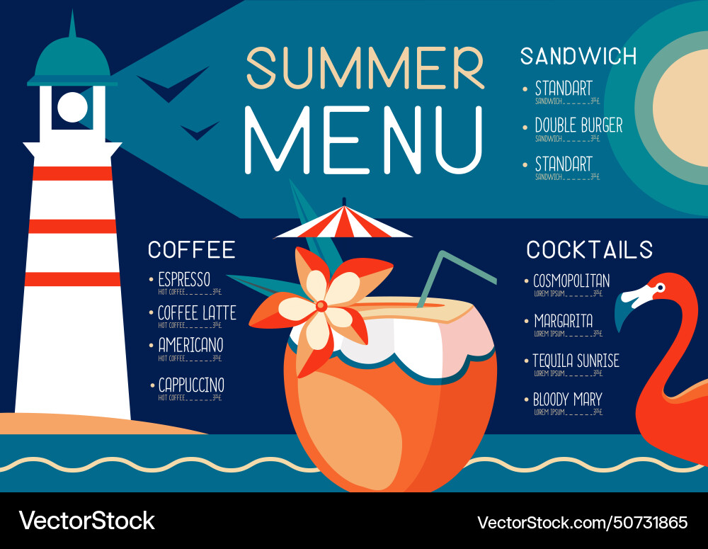 Retro summer restaurant menu design with flamingo Vector Image