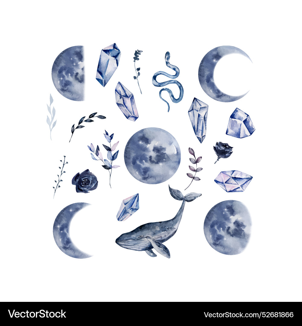 Watercolor boho moon set Royalty Free Vector Image