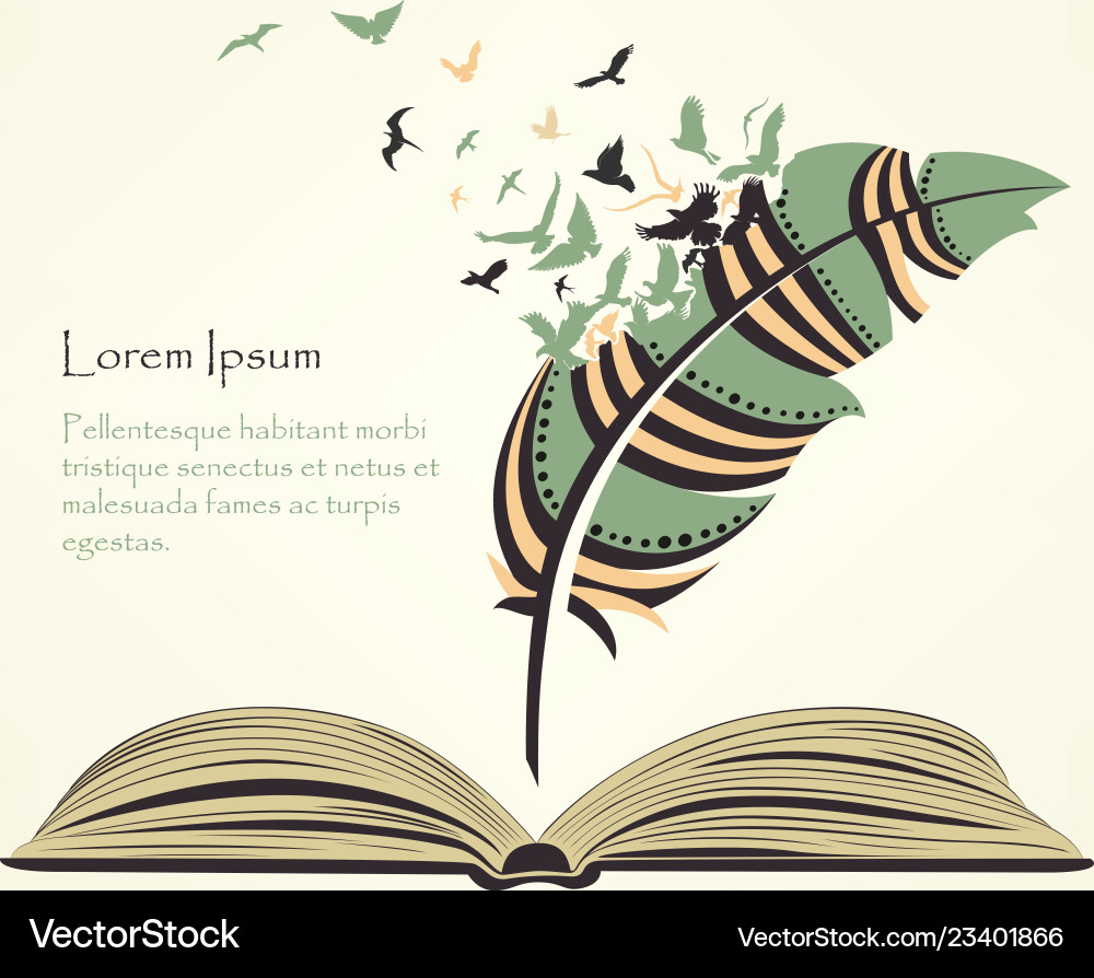 Writing pen multicolored feather with flying birds