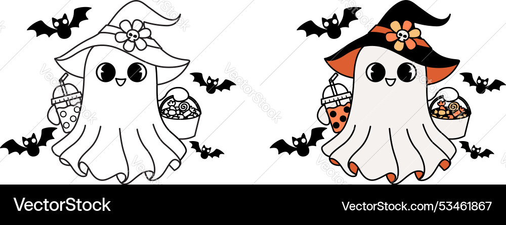 Cute groovy ghost holding bubble tea cup Vector Image