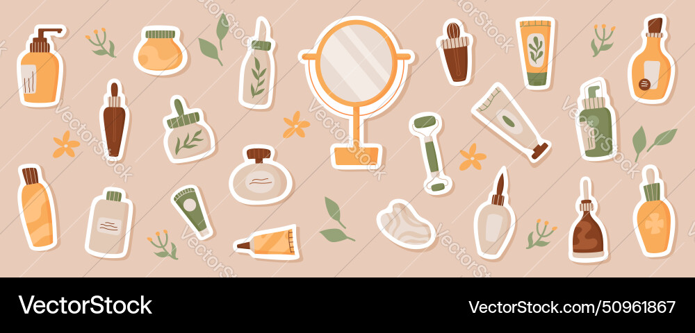 Flat beauty cosmetic product sticker pack Vector Image
