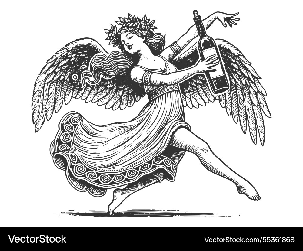 Mythical angel dancing with wine bottle Royalty Free Vector