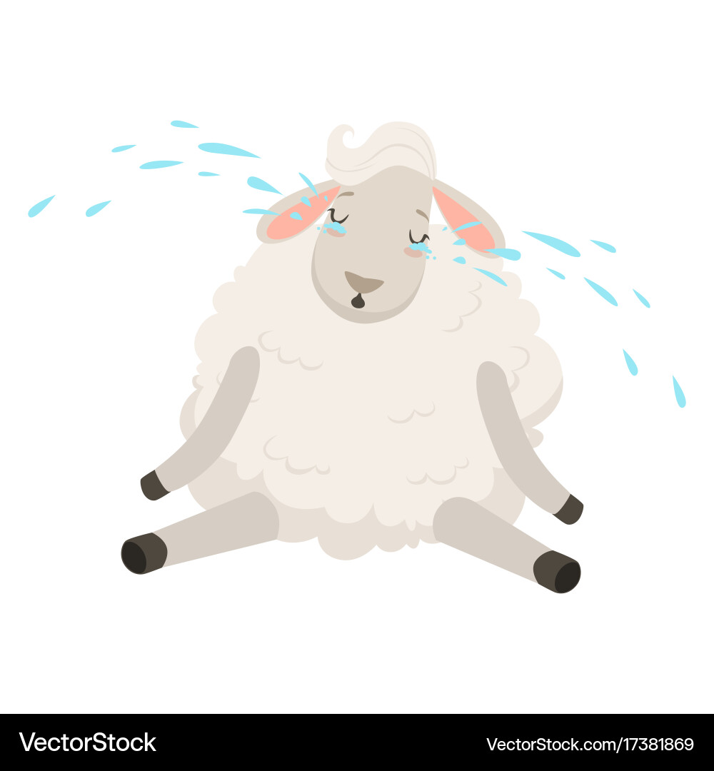 Cute sad white sheep character crying funny Vector Image