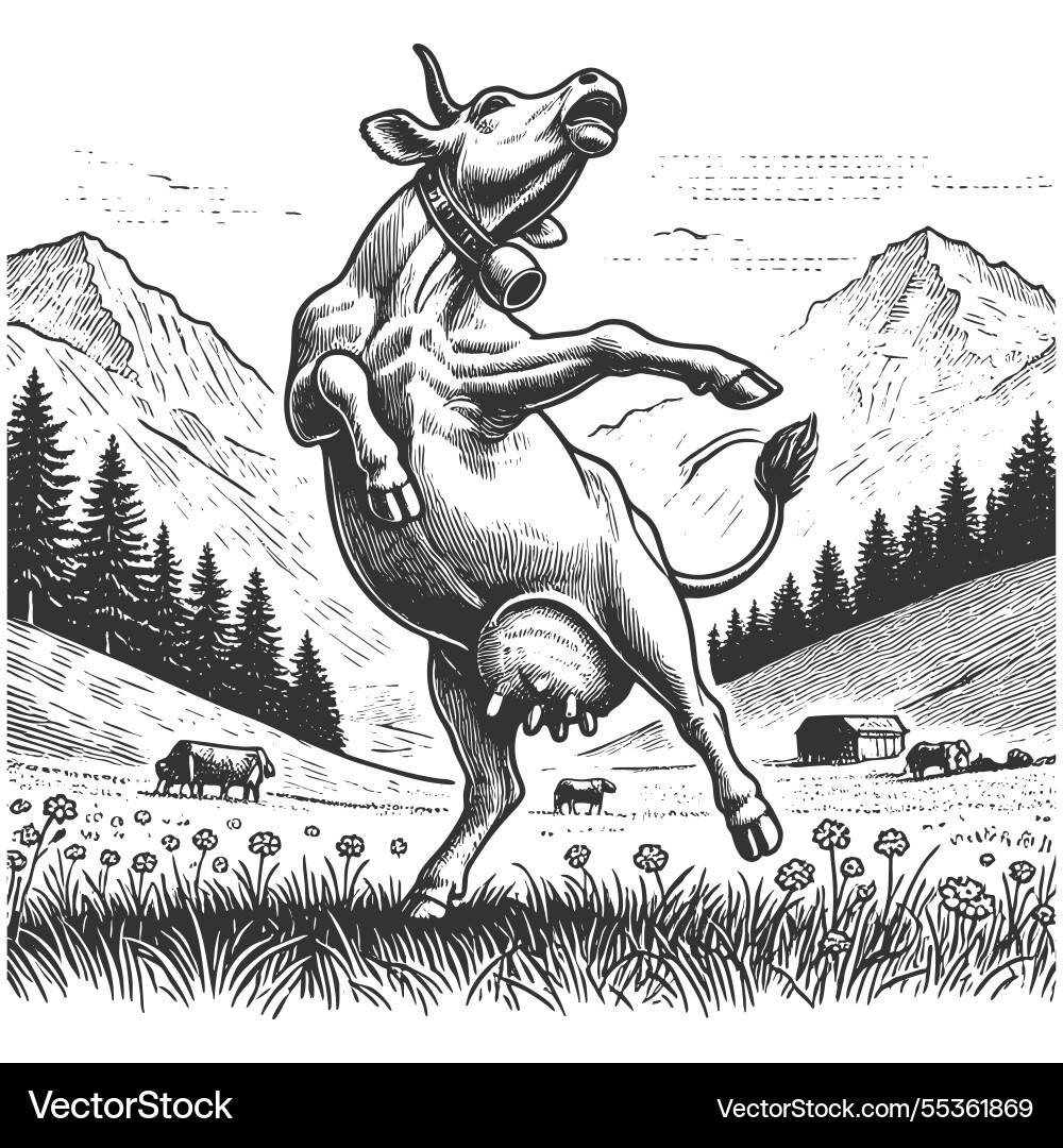 Dancing cow engraving sketch Royalty Free Vector Image