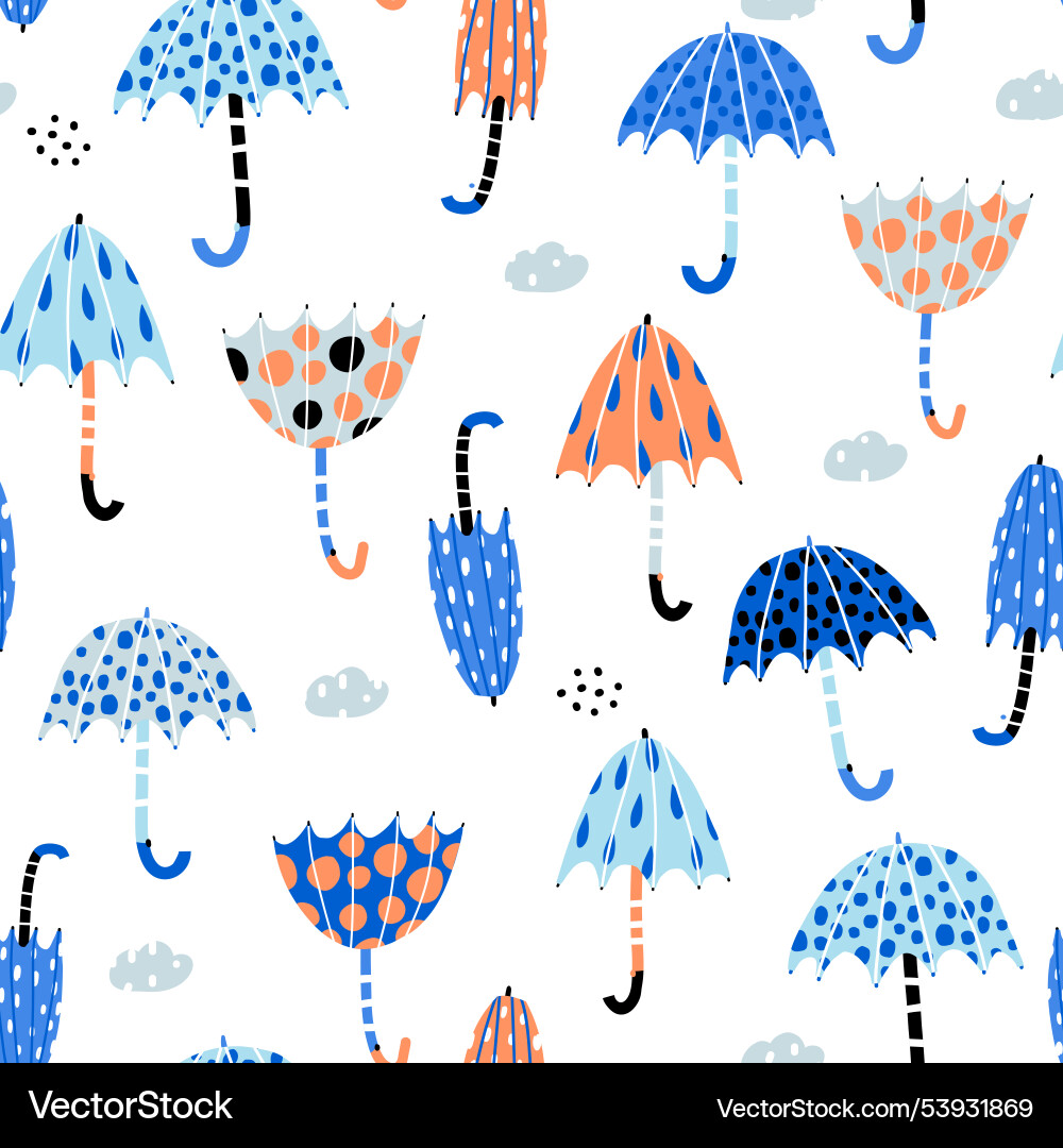 Seamless pattern with hand drawn umbrellas clouds Vector Image