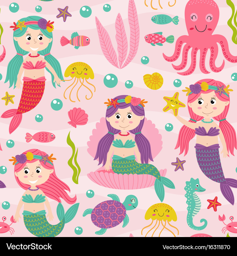 Seamless pattern pink with mermaid Royalty Free Vector Image