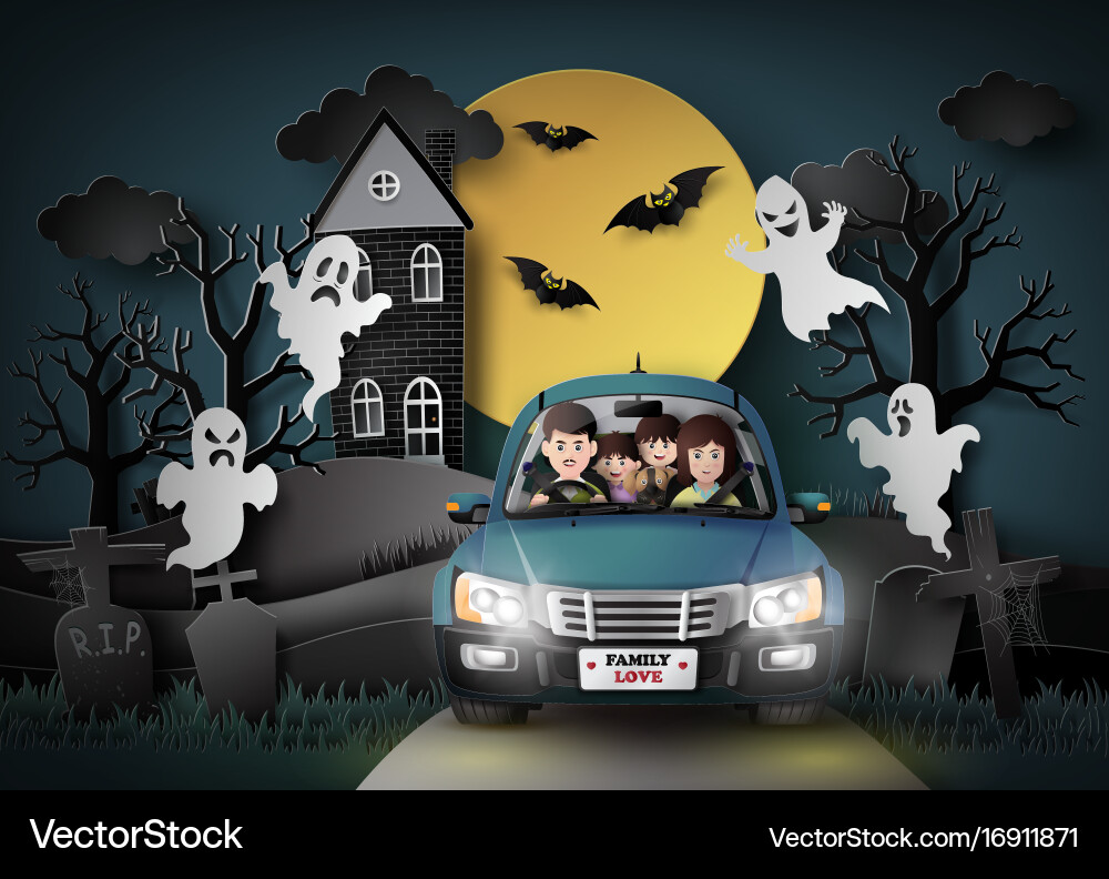 Family driving in car with ghost Royalty Free Vector Image