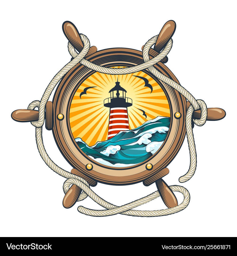Ship Wheel Lighthouse Seascape Royalty Free Vector Image