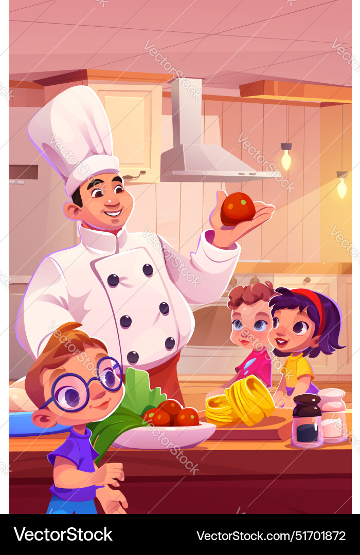 Chef and kids cook food character on kitchen table