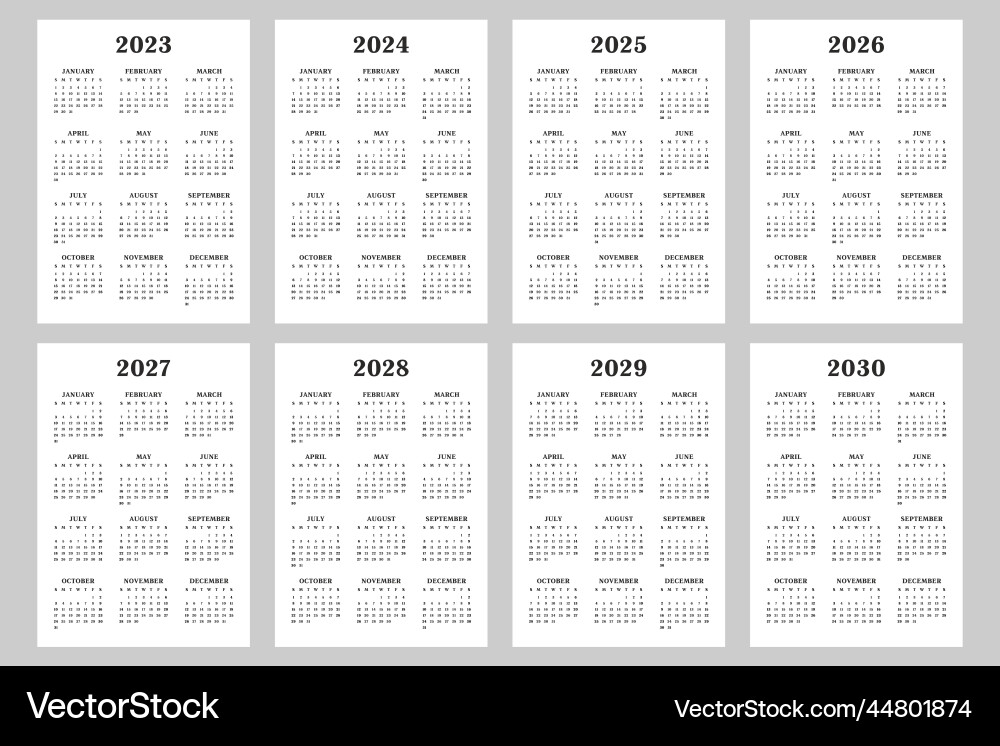 Calendar 2023 and 2030 Royalty Free Vector Image