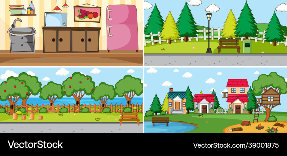 Set different scenes in cartoon style Royalty Free Vector