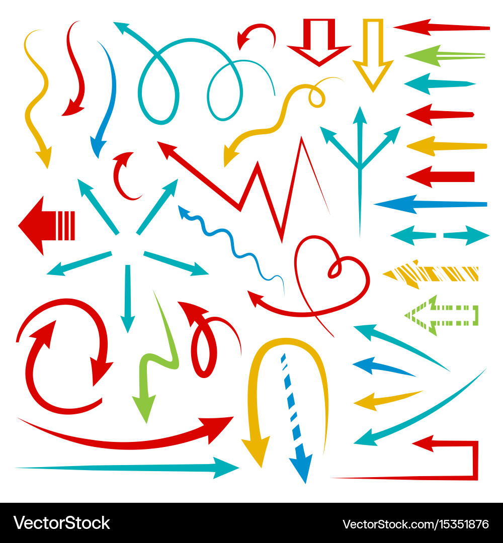 Isolated hand drawn arrows set bright color Vector Image