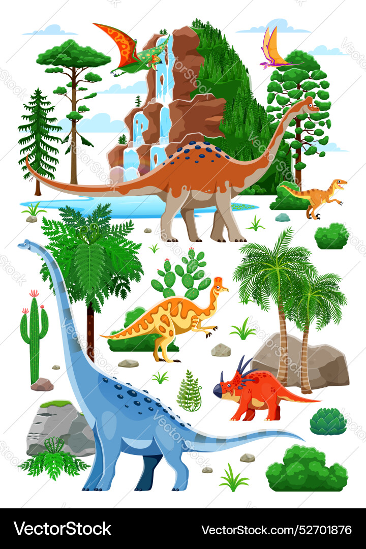 Prehistoric dinosaurs jurassic palms waterfall Vector Image